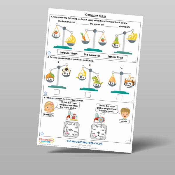 Year 3 Compare Mass Homework Resource | Classroom Secrets