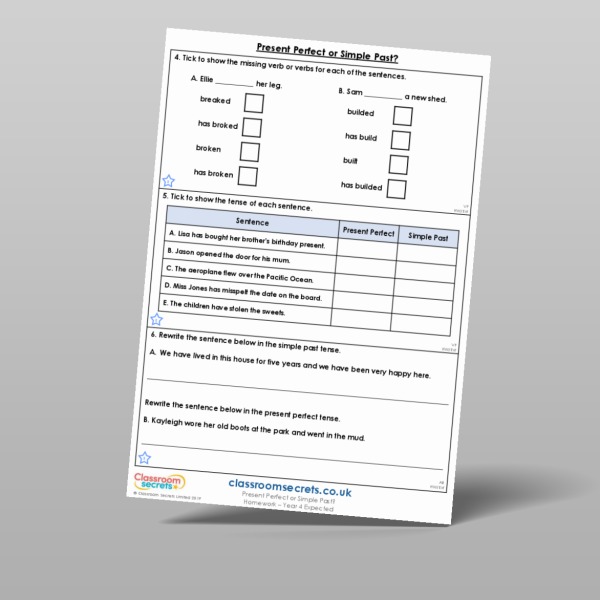 Year 4 Present Perfect Or Simple Past Homework Resource | Classroom Secrets