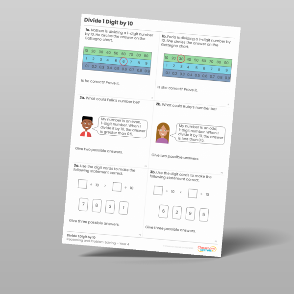 Year 4 Divide 1 Digit By 10 Reasoning And Problem Solving Resource | Classroom Secrets