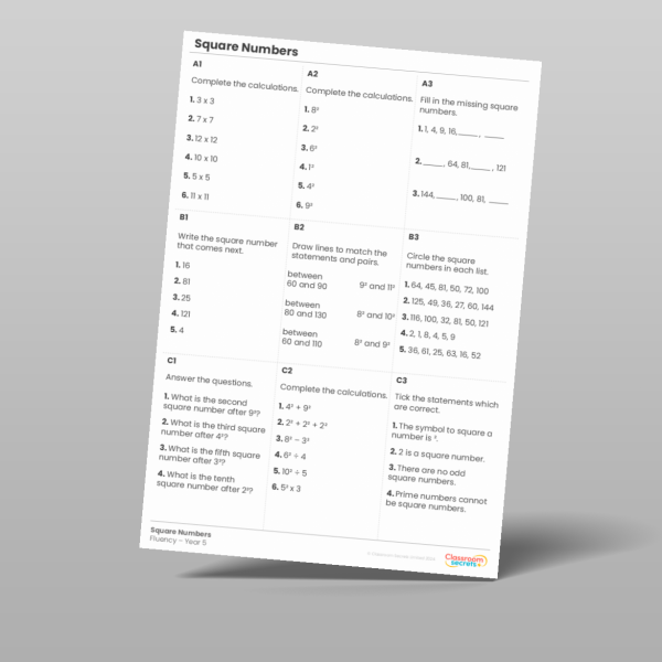 Year 5 Square Numbers Fluency Matrix Resource | Classroom Secrets