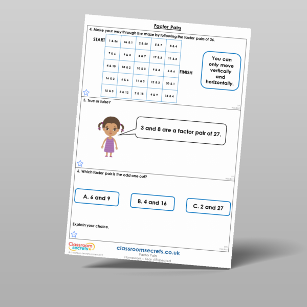 Year 4 Factor Pairs Homework Resource | Classroom Secrets