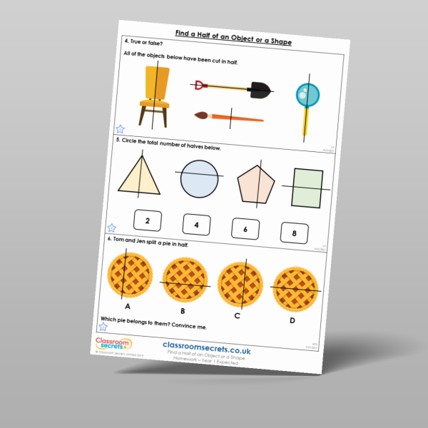 Year 1 Find A Half Or An Object Or A Shape Homework Resource ...