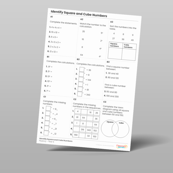 Year 6 Identify Square And Cube Numbers Fluency Matrix Resource ...