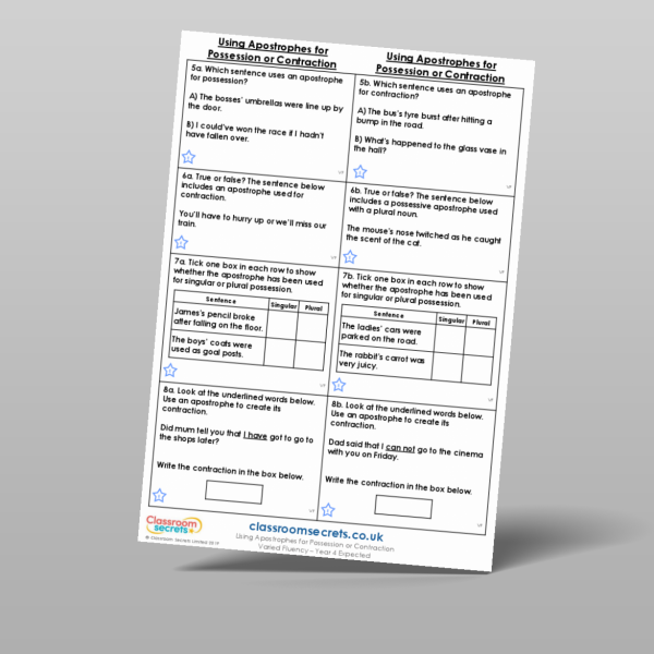 Year 4 Using Apostrophes For Possession Or Contraction Varied Fluency ...