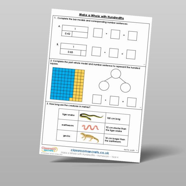 Year 4 Make A Whole With Hundredths Homework Resource | Classroom Secrets
