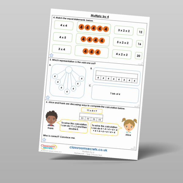 Year 3 Multiply By 4 Homework Resource | Classroom Secrets