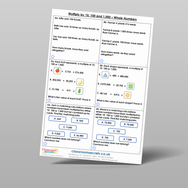 Year 5 Multiply By 10 100 And 1 000 Whole Numbers Reasoning And Problem Solving Resource ...