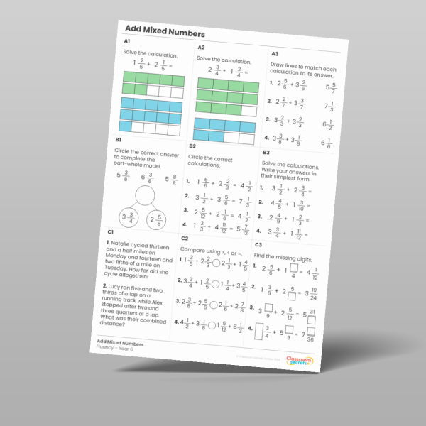 Year 6 Add Mixed Numbers Fluency Matrix Resource | Classroom Secrets
