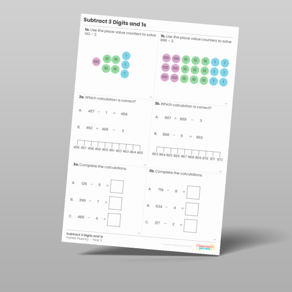 Year 3 Subtract 3 Digits And 1s Varied Fluency Resource | Classroom Secrets