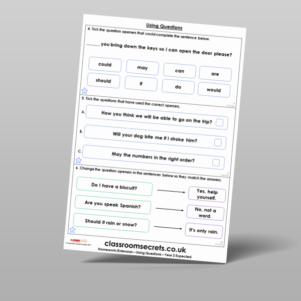 Year 2 Using Questions Homework Resource | Classroom Secrets
