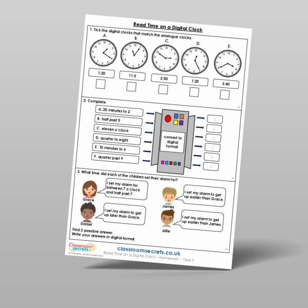 Year 3 Read Time On A Digital Clock Homework Resource | Classroom Secrets