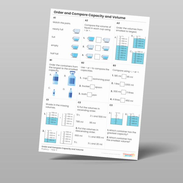 Year 3 Order And Compare Capacity And Volume Fluency Matrix Resource ...