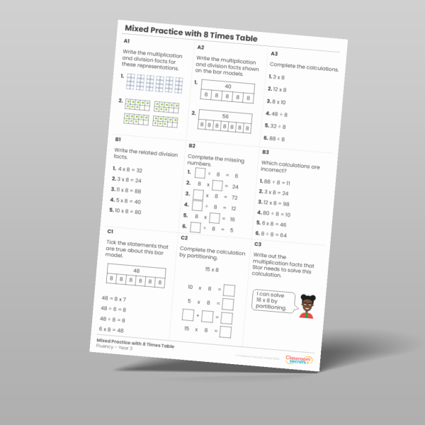 Year 3 Mixed Practice With 8 Times Table Fluency Matrix Resource ...