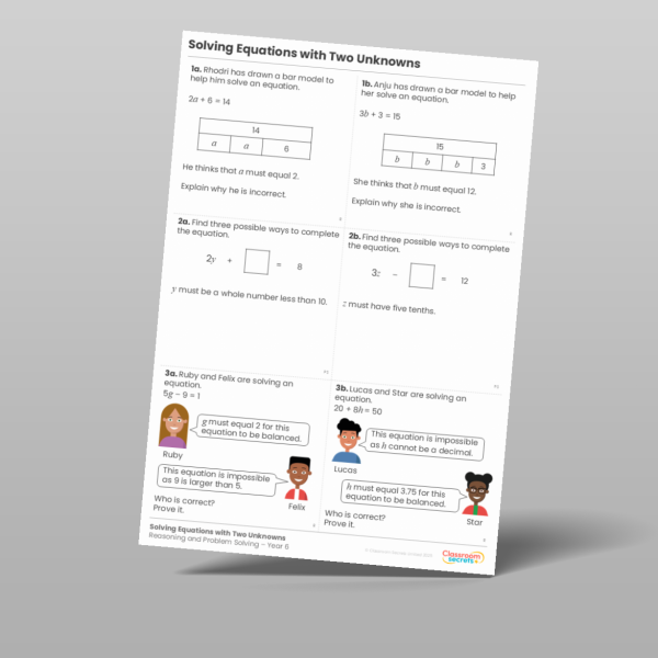 Year 6 Solving Equations With Two Unknowns Reasoning And Problem Solving Resource Classroom