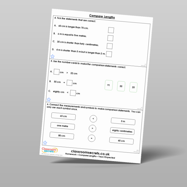Year 2 Compare Lengths Homework Resource | Classroom Secrets