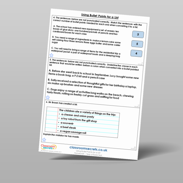Year 6 Using Bullet Points For A List Homework Resource | Classroom Secrets