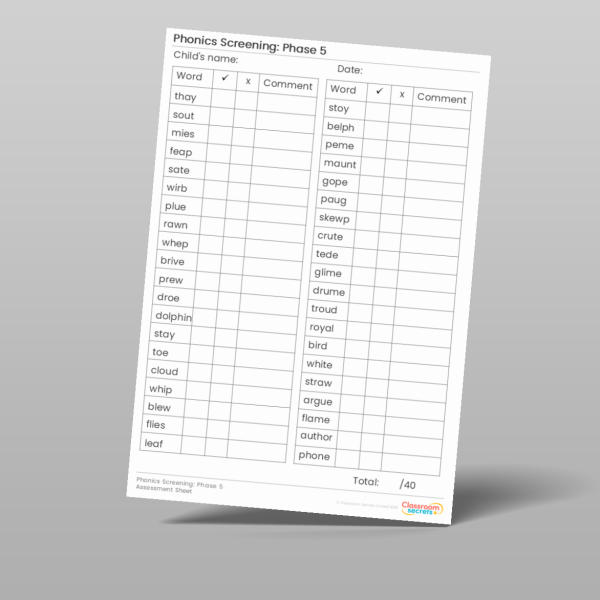 Year 1 Phonics Screening Check Phase 5 Assessment Sheet Resource ...