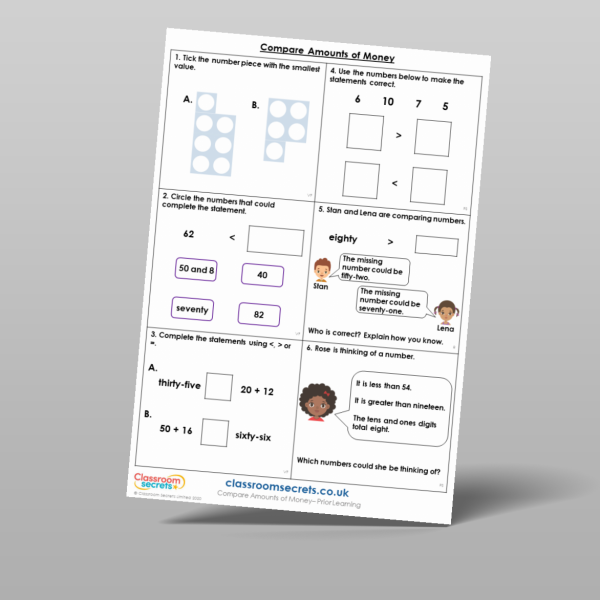 Year 2 Compare Amounts Of Money Prior Learning Resource | Classroom Secrets