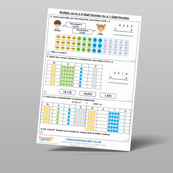 Year 5 Multiply Up To A 4 Digit Number By A 1 Digit Number Homework ...