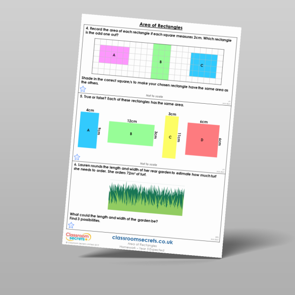 Year 5 Area Of Rectangles Homework Resource Classroom Secrets