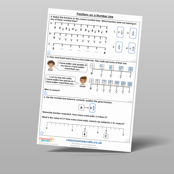 Year 3 Fractions On A Number Line Homework Resource | Classroom Secrets