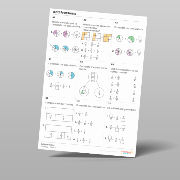 Year 3 Add Fractions Fluency Matrix Resource | Classroom Secrets