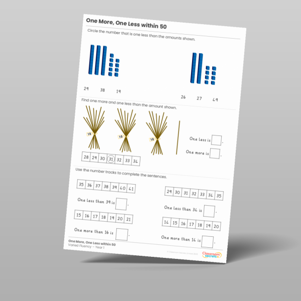 Year 1 One More One Less Within 50 Varied Fluency Resource | Classroom ...
