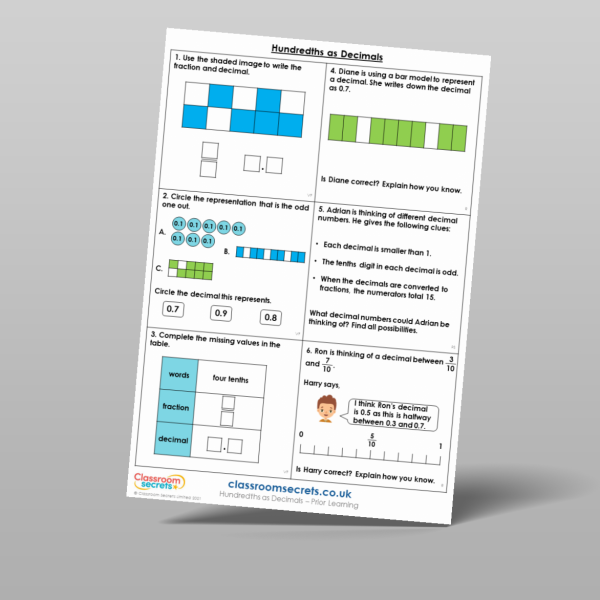 Year 4 Hundredths As Decimals Prior Learning Resource | Classroom Secrets