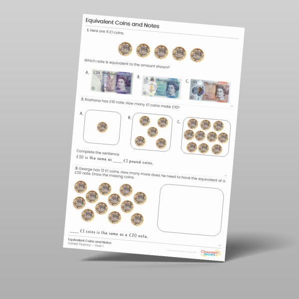 Year 1 Equivalent Coins And Notes Varied Fluency Resource | Classroom ...