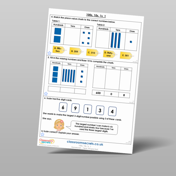 Year 3 100s 10s 1s 1 Homework Resource | Classroom Secrets