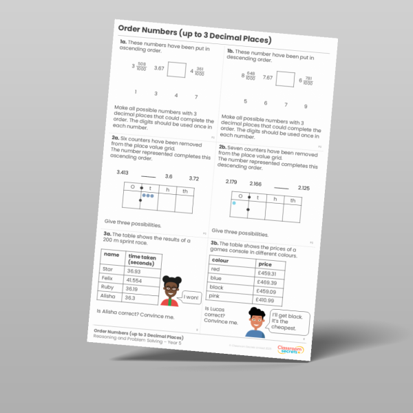 Order Numbers (up to 3 Decimal Places) Reasoning and Problem Solving ...