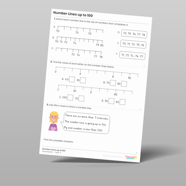Year 2 Number Lines Up To 100 Homework Resource | Classroom Secrets