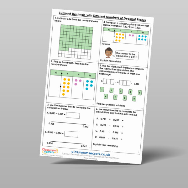 Year 5 Subtract Decimals With Different Numbers Of Decimal Places Prior Learning Resource ...