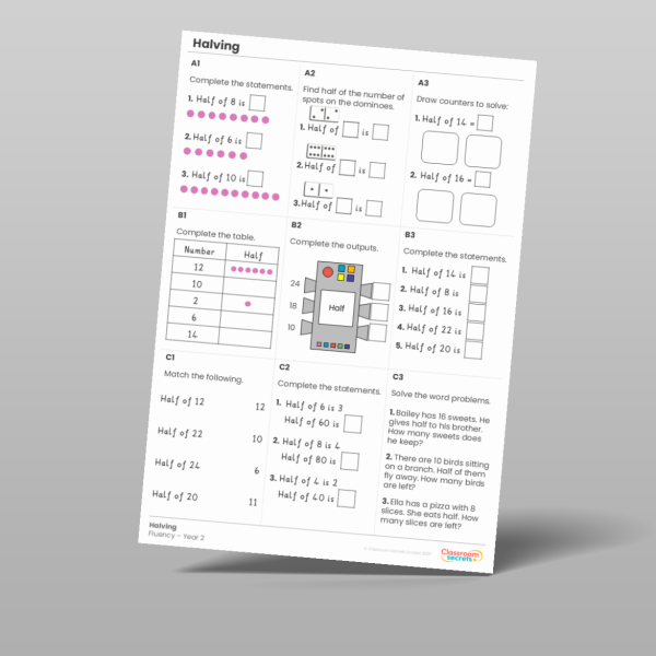 Year 2 Halving Fluency Matrix Resource | Classroom Secrets