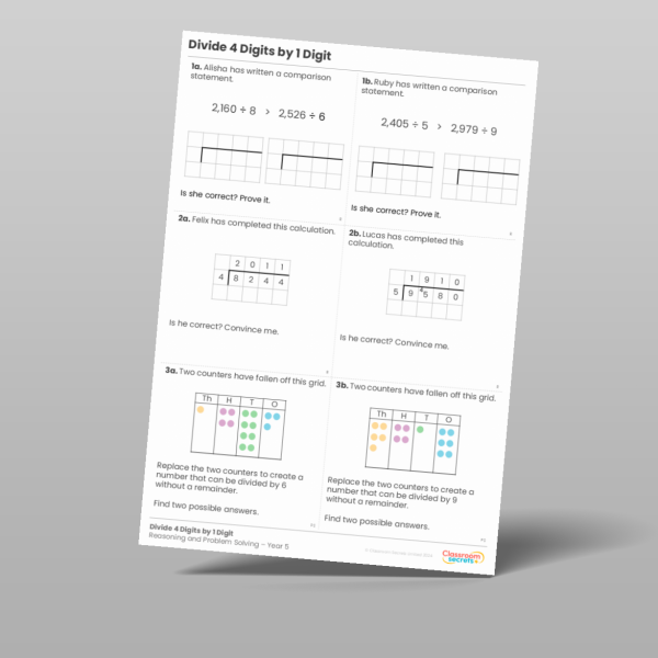 Divide 4 Digits by 1 Digit Reasoning and Problem Solving Resource | Classroom Secrets