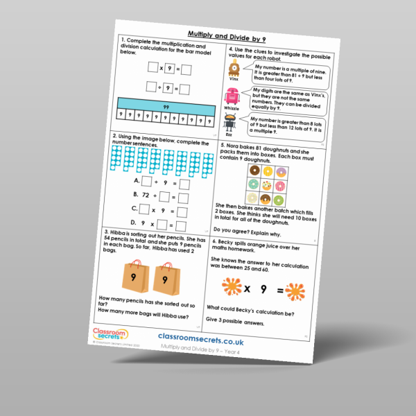 Year 4 Multiply And Divide By 9 Mixed Activity Resource | Classroom Secrets