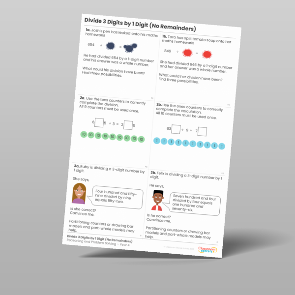 Year 4 Divide 3 Digits By 1 Digit No Remainders Reasoning And Problem ...