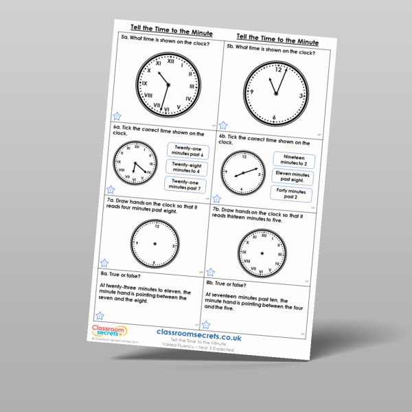 Year 3 Tell The Time To The Minute Varied Fluency Resource | Classroom ...