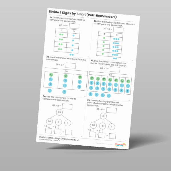 Year 4 Divide 2 Digits By 1 Digit With Remainders Varied Fluency Resource | Classroom Secrets