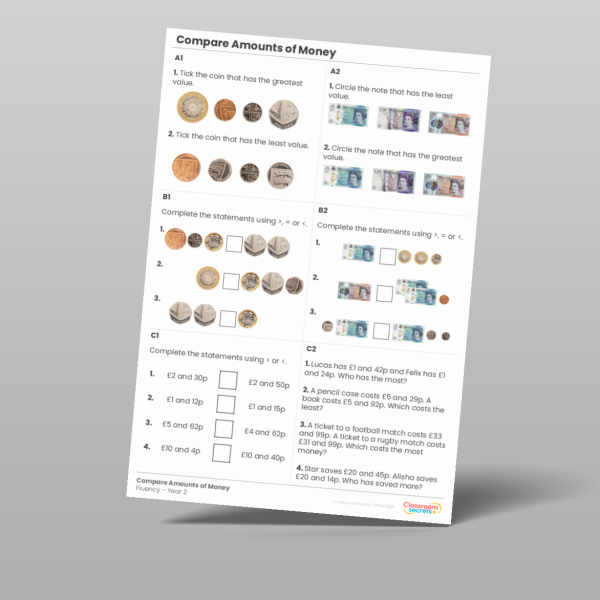 Year 2 Compare Amounts Of Money Fluency Matrix Resource Classroom Secrets