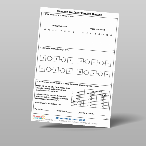 Year 5 Compare And Order Negative Numbers Homework Resource | Classroom ...