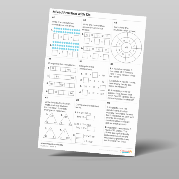Year 4 Mixed Practice With 12s Fluency Matrix Resource | Classroom Secrets