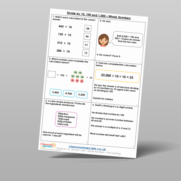 Divide by 10, 100 and 1,000 - Whole Numbers Prior Learning Resource ...