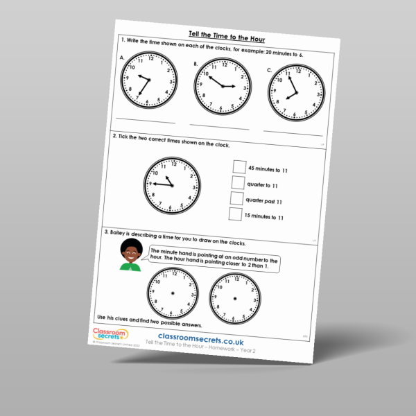 Year 2 Tell The Time To The Hour Homework Resource | Classroom Secrets