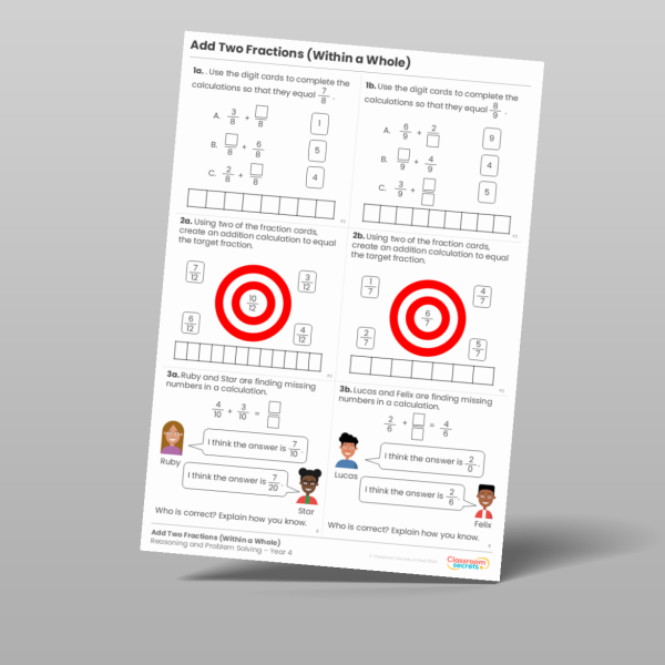 Year 4 Add Two Fractions Within A Whole Reasoning And Problem Solving ...
