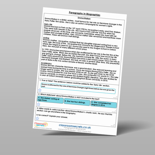 Year 3 Paragraphs In Biographies Homework Resource | Classroom Secrets