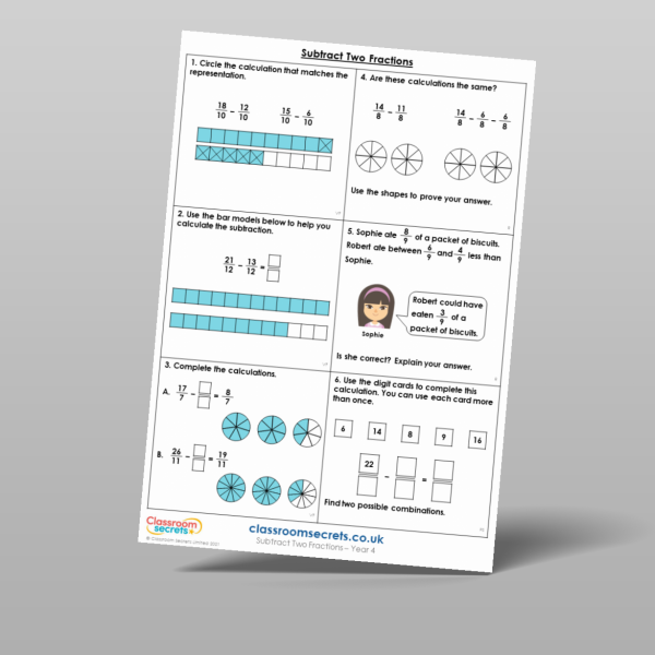 Year 4 Subtract Two Fractions Mixed Activity Resource | Classroom Secrets