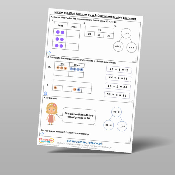 Year 3 Divide A 2 Digit Number By A 1 Digit Number No Exchange Homework ...