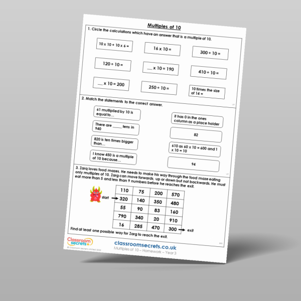 Year 3 Multiples Of 10 Homework Resource | Classroom Secrets
