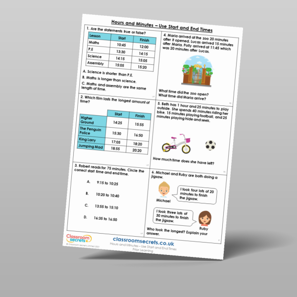 Year 3 Hours And Minutes Use Start And End Times Prior Learning ...